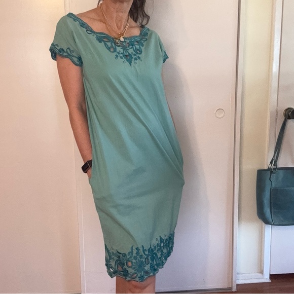 Matta | Dresses | Matta Turquoise Floral Embroidered Cotton Dress Xs ...